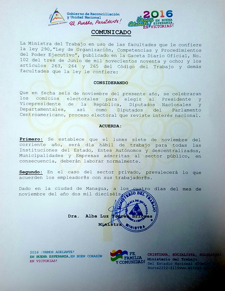 Ministerio del Trabajo decreta día hábil de trabajo el lunes 7 de noviembre