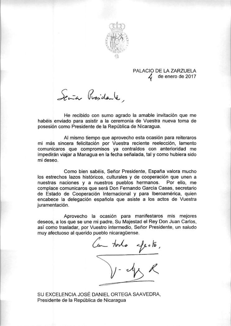 Carta del Rey de España al Presidente Daniel Ortega