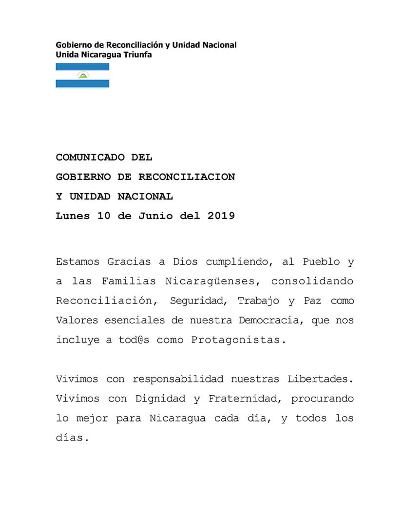 Comunicado del Gobierno de Reconciliación y Unidad Nacional