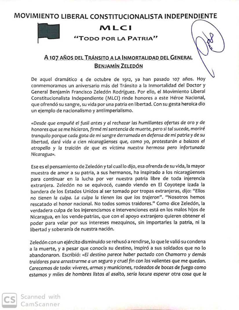 A 107 años del Tránsito a la Inmortalidad del General Benjamín Zeledón