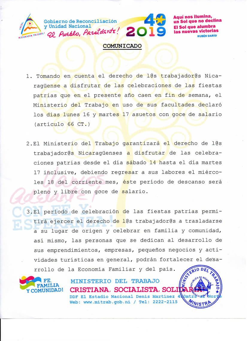 Ministerio del Trabajo comunica que trabajadores disfrutarán cuatro ...