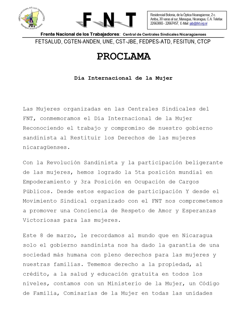 Proclama del Comité de Mujeres del FNT por el Día Internacional de la Mujer