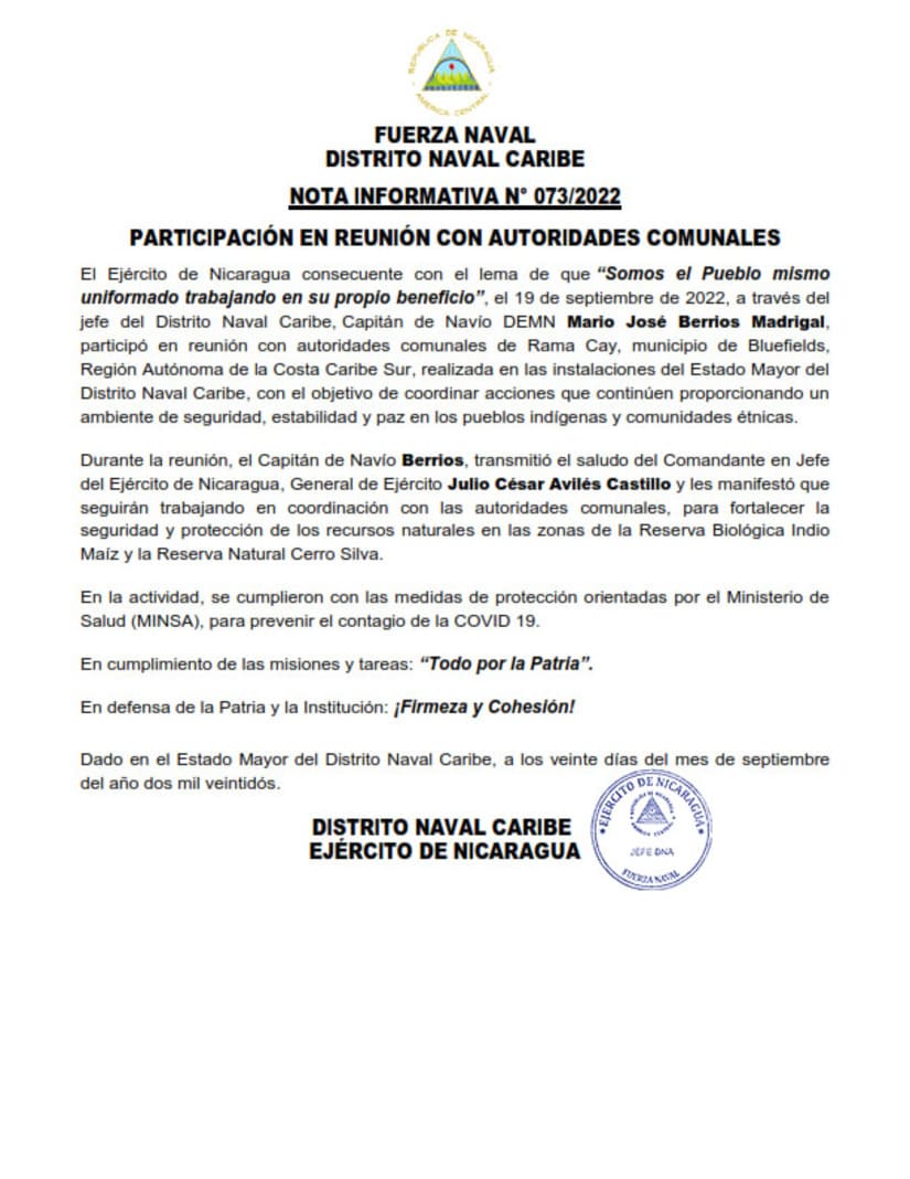 Fuerza Naval participa en reunión con autoridades comunales de Rama Cay