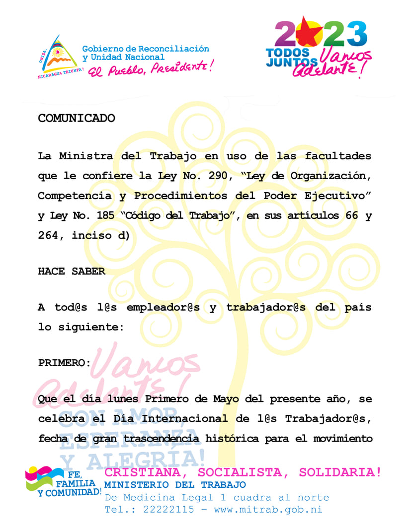 Mitrab comunica que el primero de mayo es feriado nacional obligatorio ...