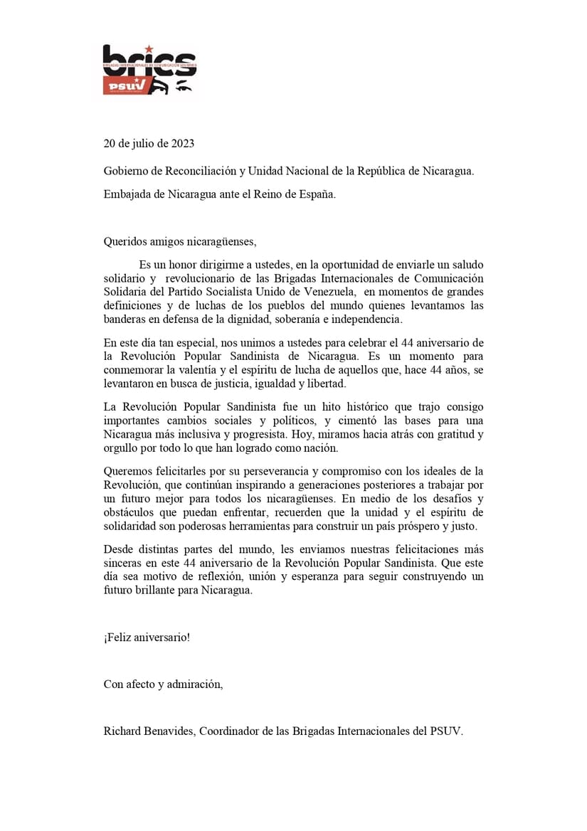 Compañero Richard Benavides saluda a Nicaragua por el 44 aniversario de ...