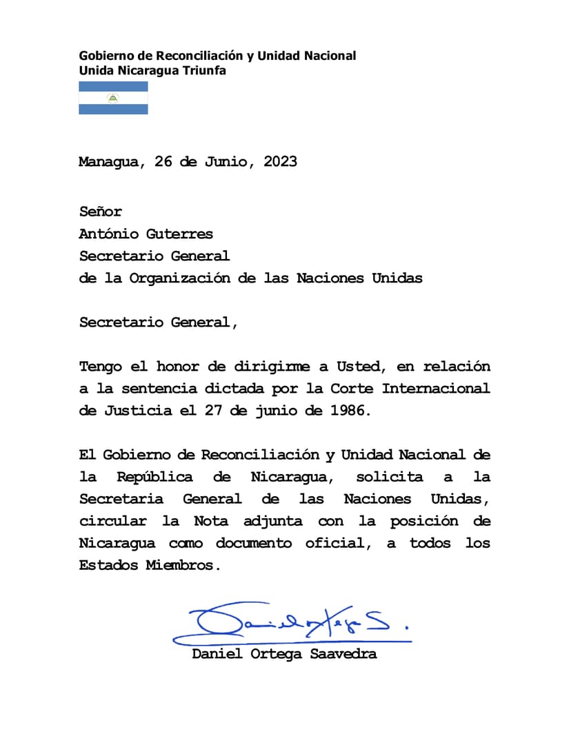 Presidente Comandante Daniel Ortega envía carta al Secretario General ...