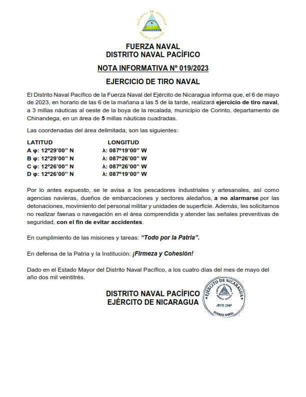 Realizarán ejercicio de tiro naval en Corinto, Chinandega
