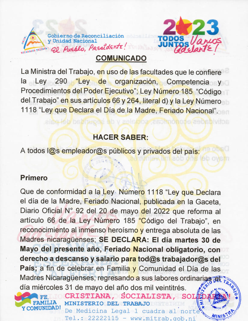 Nicaragua: Anuncian feriado nacional con goce de salario por el Día de ...