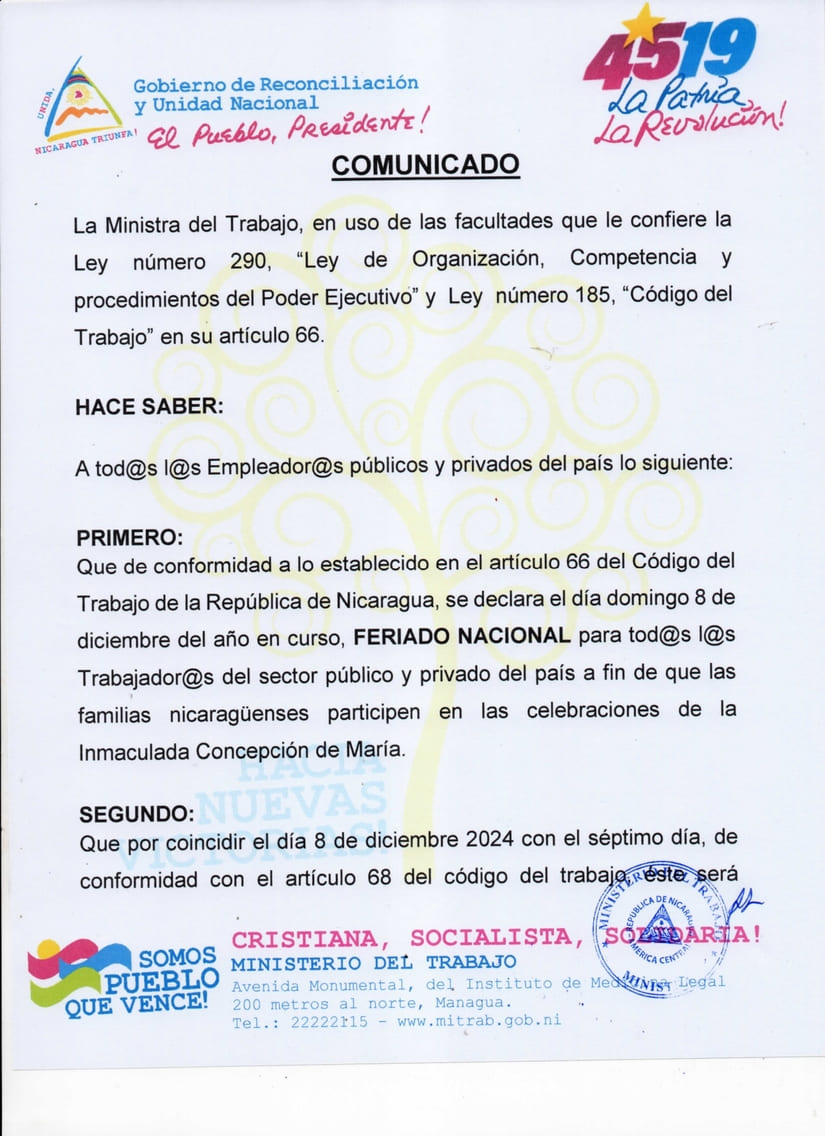 Mitrab: Feriado Nacional del 8 de diciembre se compensará con el lunes ...