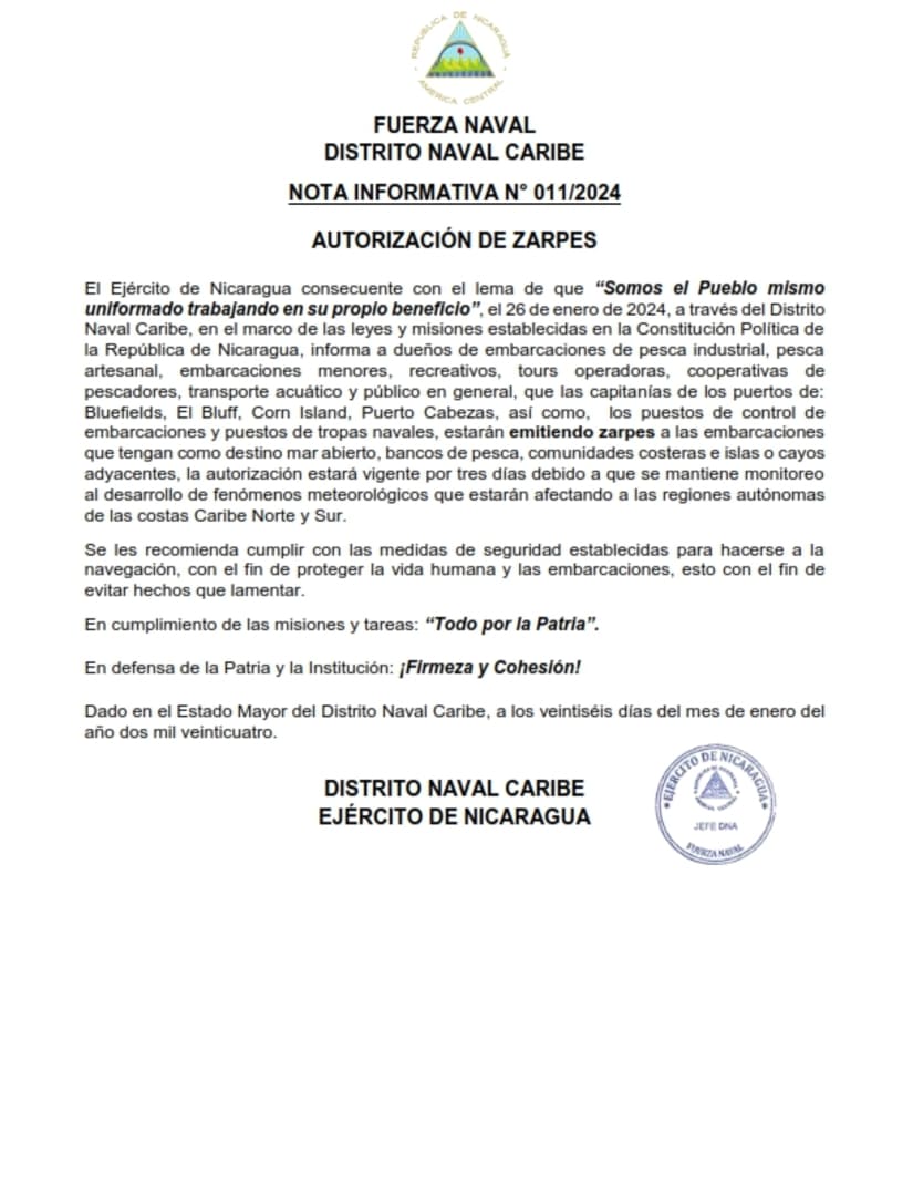 Fuerza Naval autoriza zarpes en puertos de Bluefields, El Bluff, Corn ...