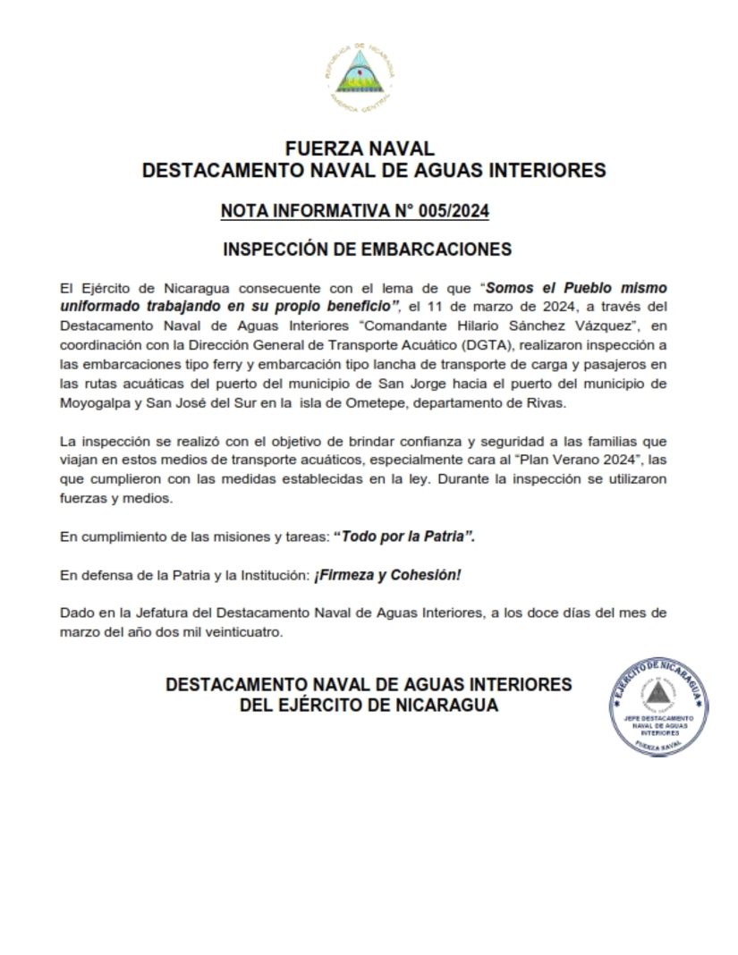 Destacamento Naval de Aguas Interiores desarrolla inspección a las embarcaciones tipo ferry