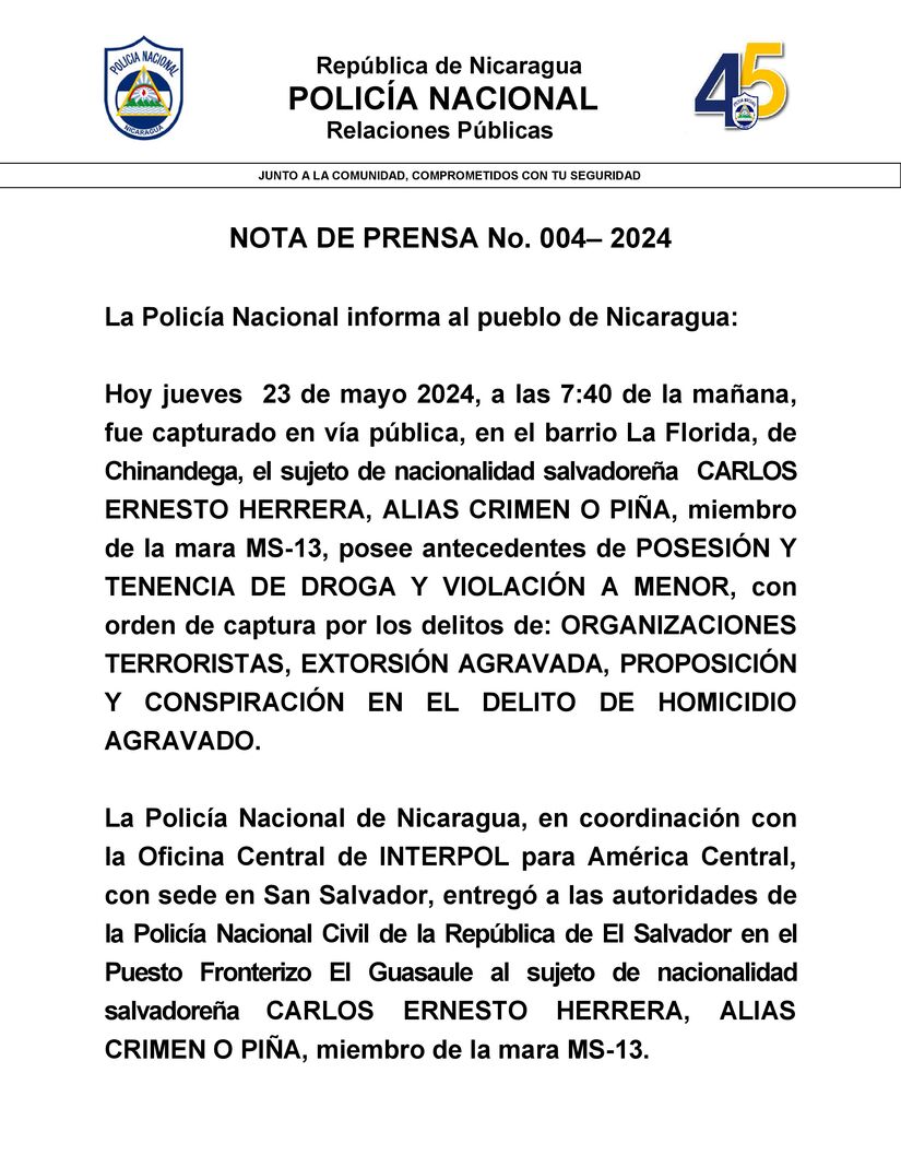 Policía Nacional: Miembro de la Mara MS-13 es entregado a las ...