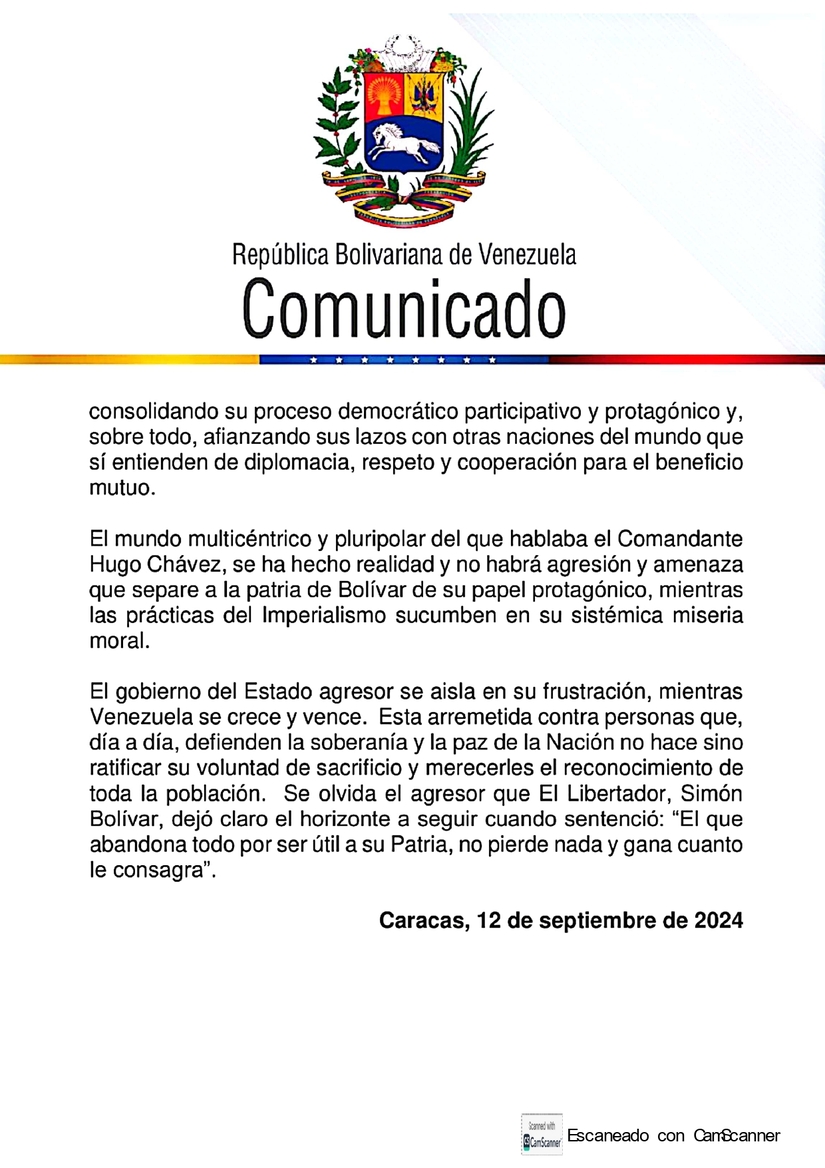 Comunicado Oficial del Gobierno Bolivariano de Venezuela