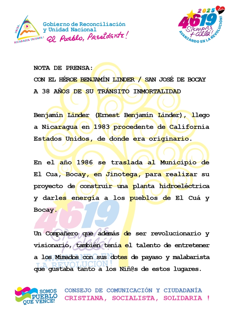 Con el Héroe Benjamín Linder: A 38 años de su tránsito a la inmortalidad