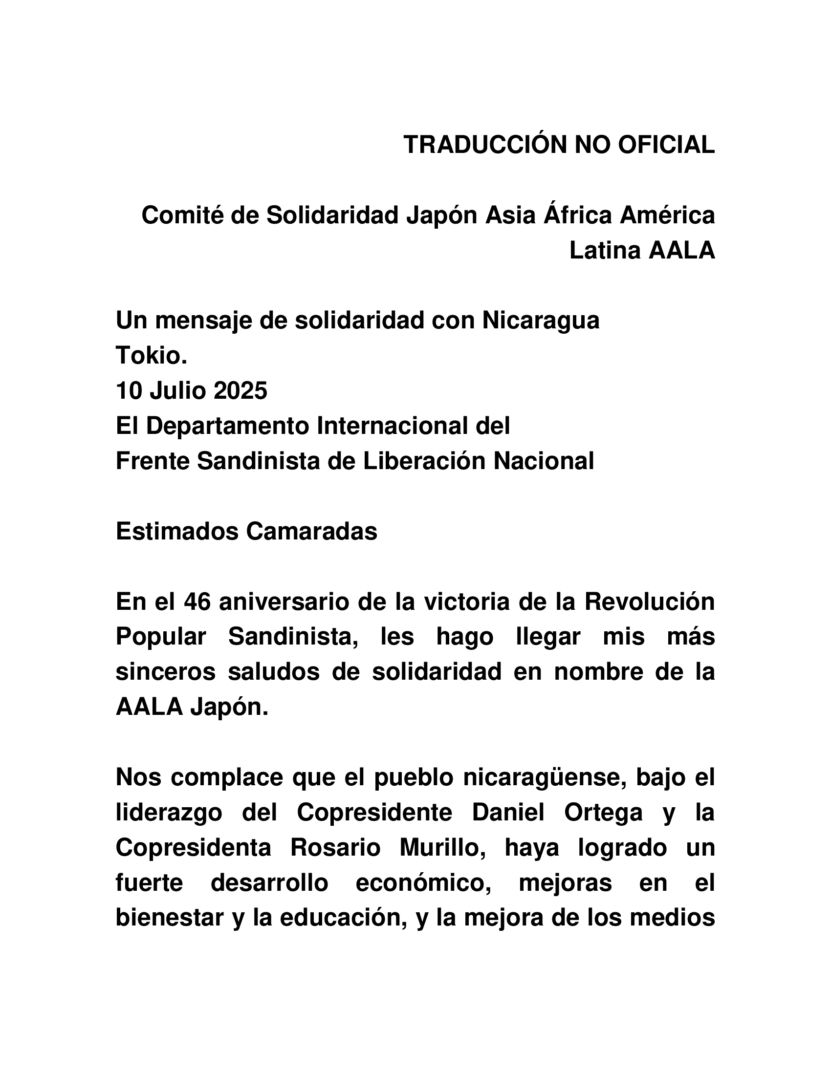 Mensaje de Saludo y Felicitación del Señor Yasuhiro Tanaka por el 46/19