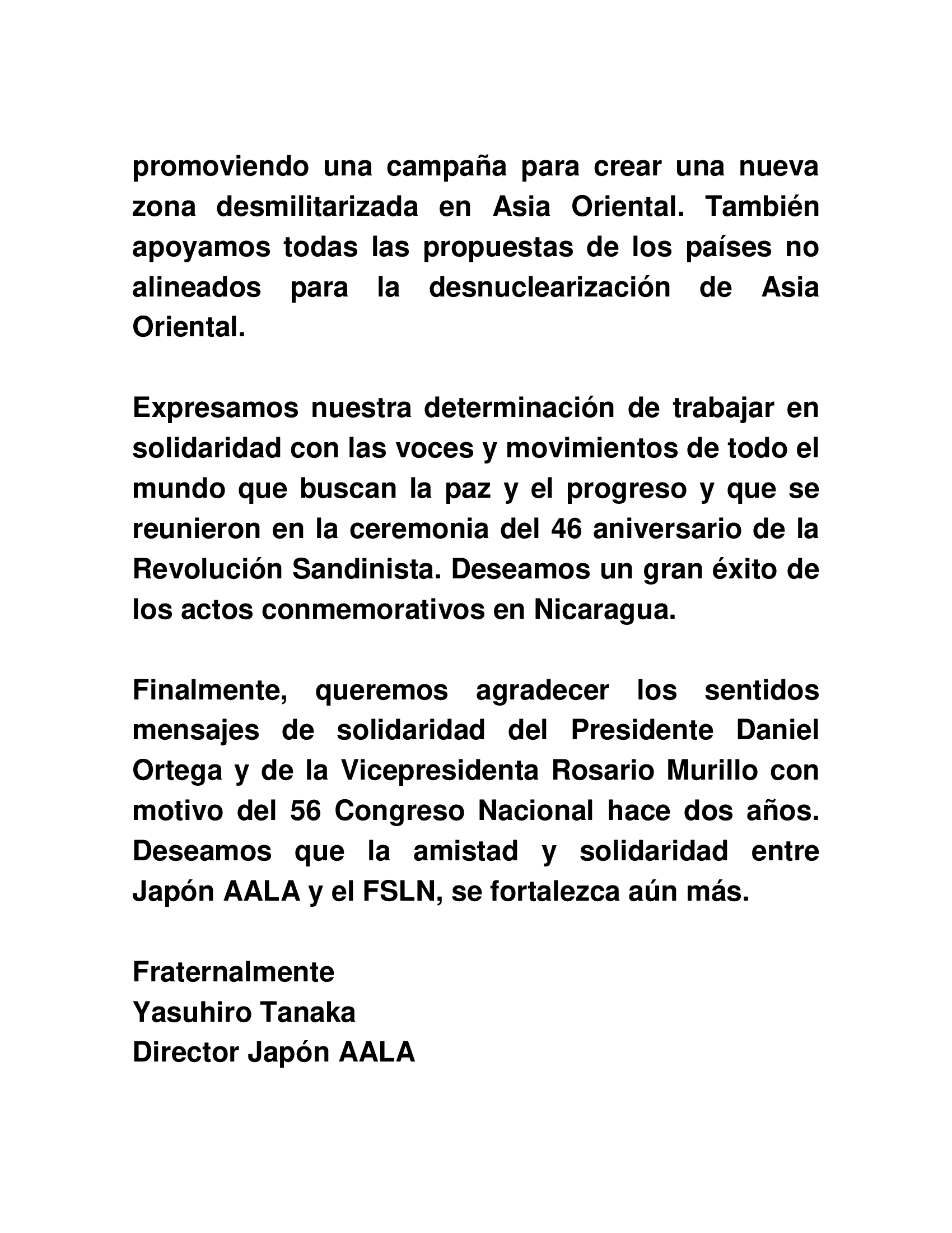 Mensaje de Saludo y Felicitación del Señor Yasuhiro Tanaka por el 46/19