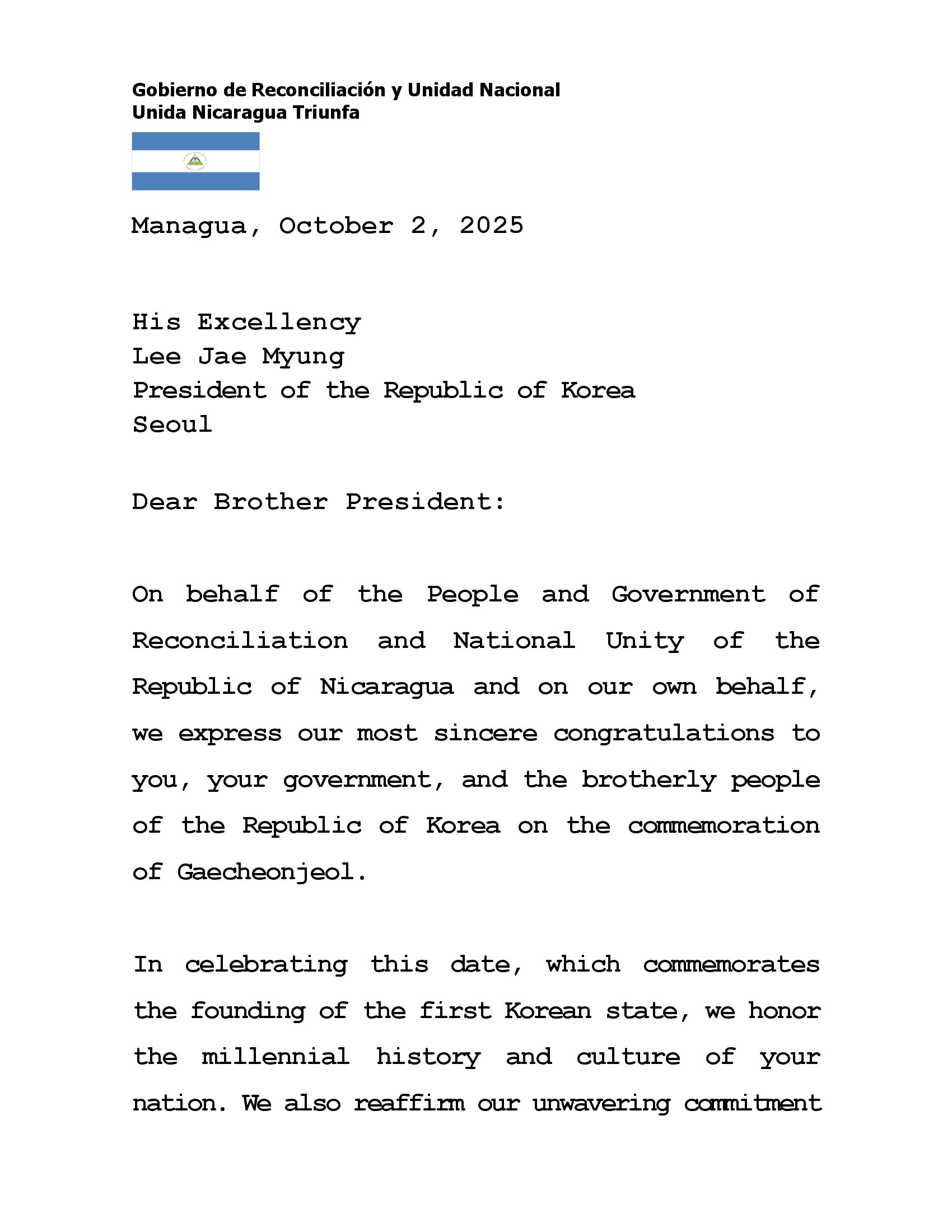 Mensaje de Saludo y Felicitación al Presidente de la República de Corea