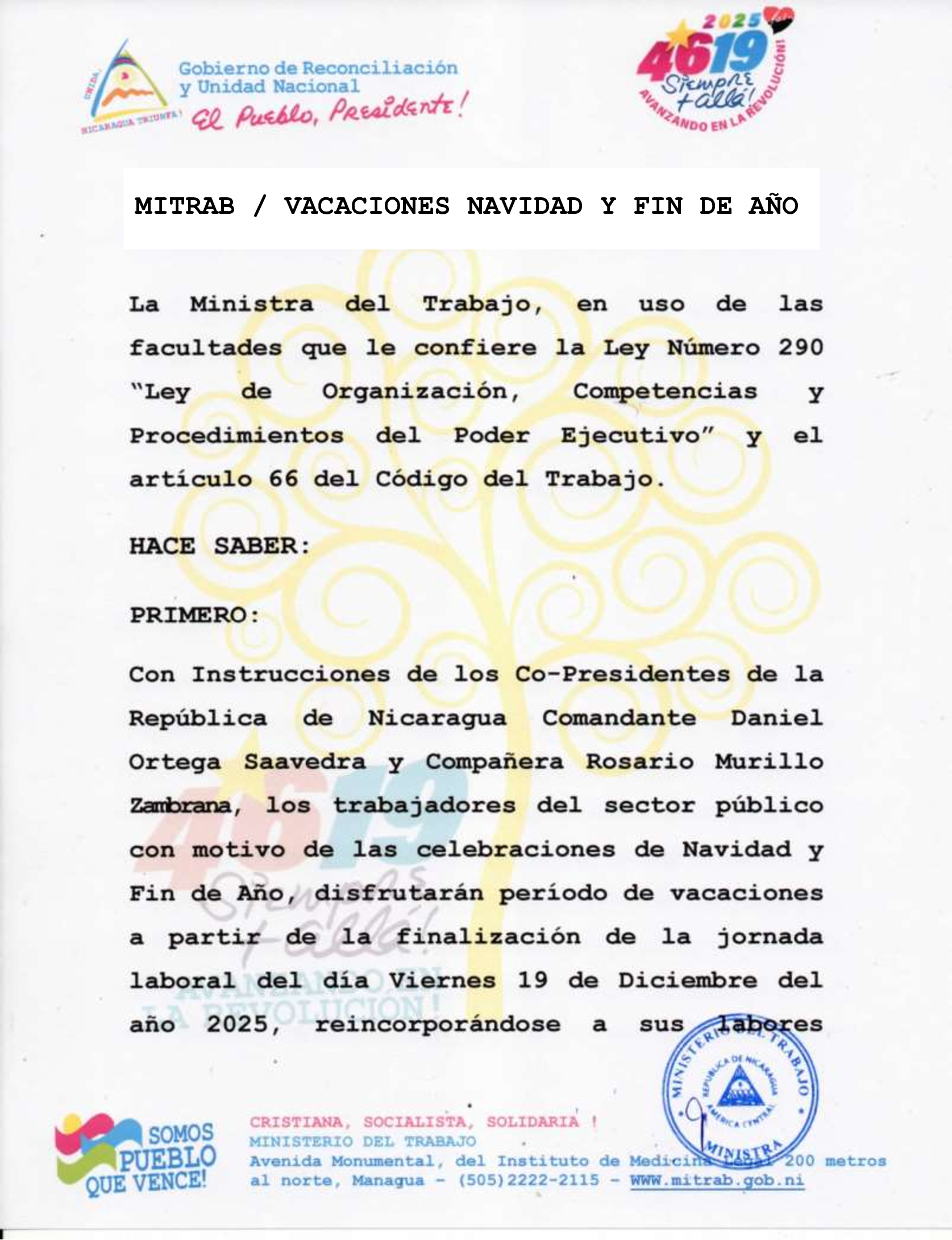 Comunicado del Ministerio del Trabajo sobre las Vacaciones Navidad y ...