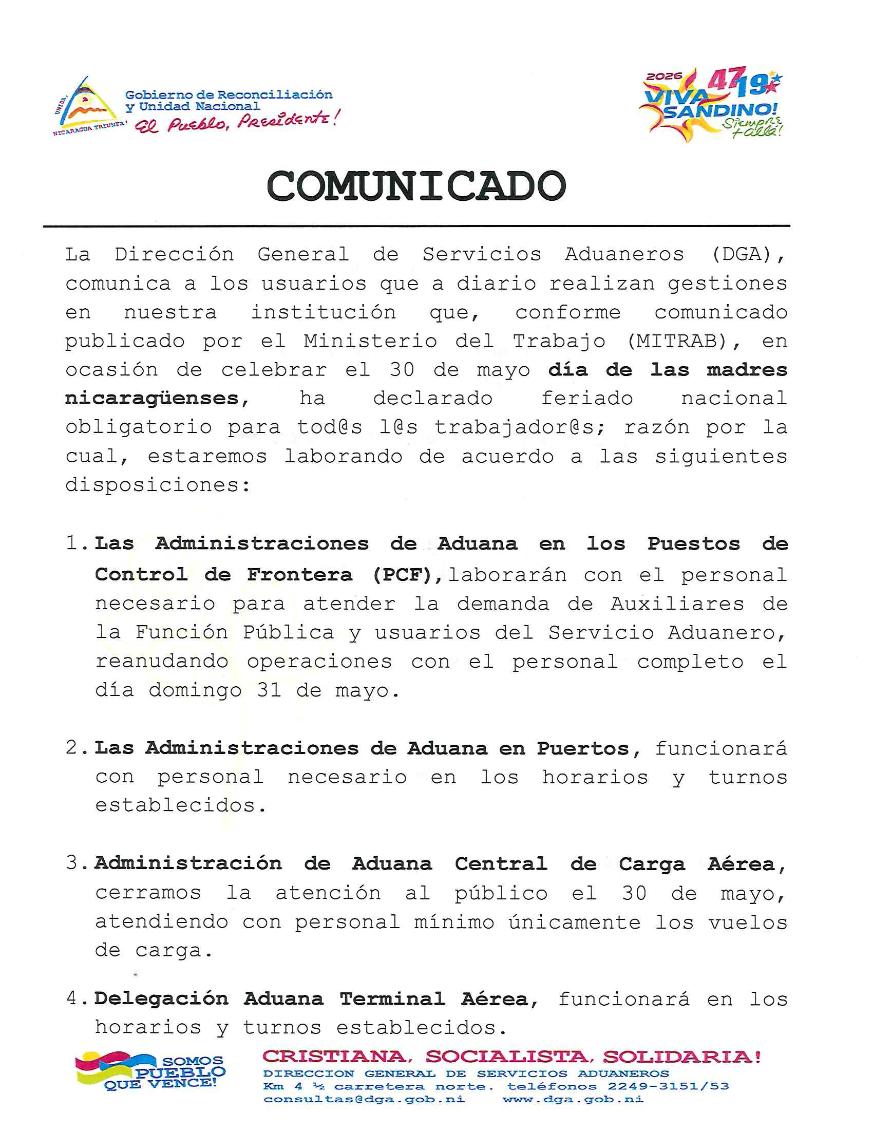 Comunicado de la Dirección General de Servicios Aduaneros (DGA)