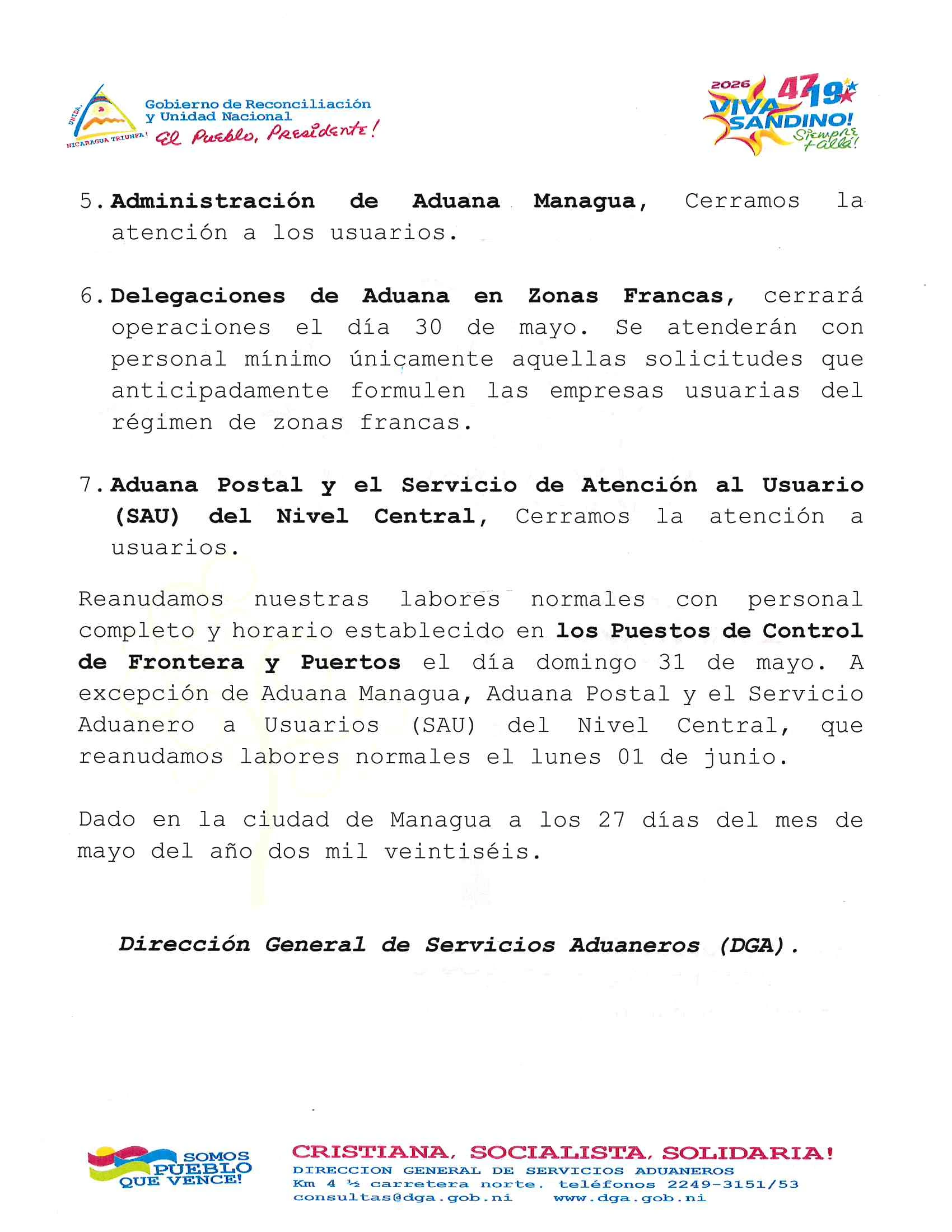 Comunicado de la Dirección General de Servicios Aduaneros (DGA)